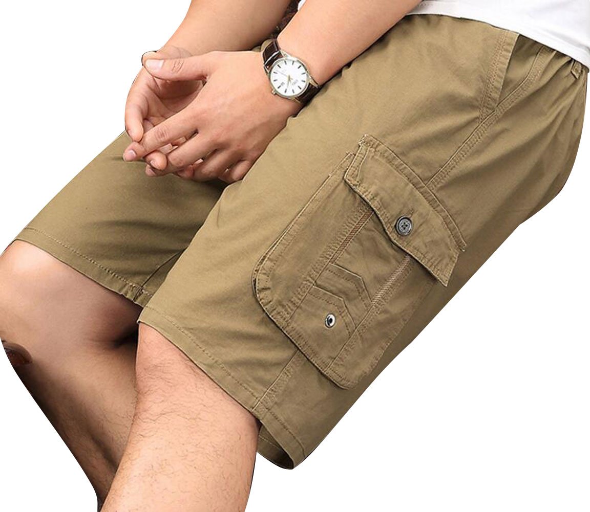 YangguTown Men's Cotton Lightweight Loose Fit Cargo Shorts Full Twill Elastic Waist Drawstring Shorts Khaki 36