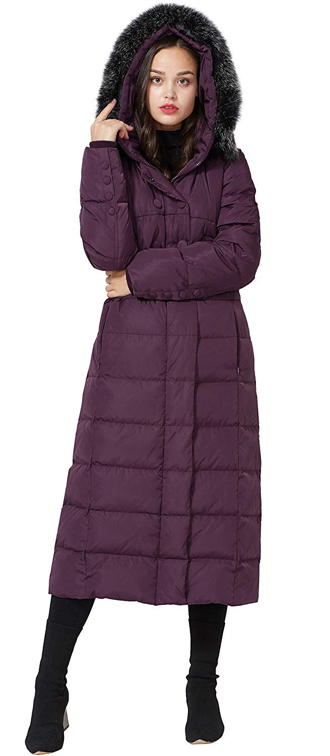 Molodo Women's Long Down Coat with Fur Hood Maxi Down Parka Puffer Jacket X-large