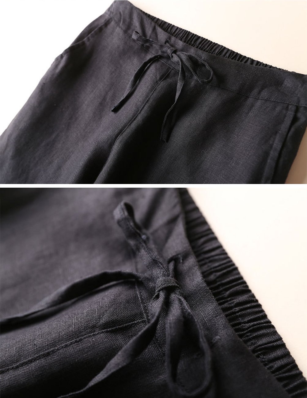 IXIMO Women's Tapered Pants 100% Linen Drawstring Back Elastic Waist Pants Trousers with Pockets Black L