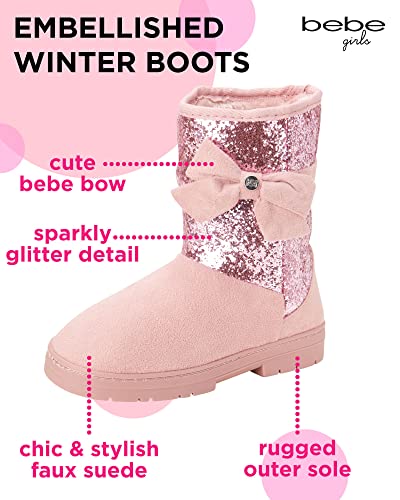 bebe Girls Winter Micro Suede Boots with Rhinestone Embellished Logo & Bow, Blush Glitter, Size 3 Little Kid