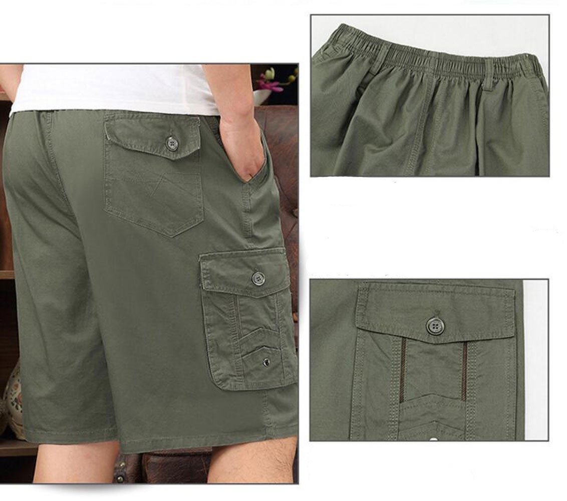 YangguTown Men's Cotton Lightweight Loose Fit Cargo Shorts Full Twill Elastic Waist Drawstring Shorts Khaki 36