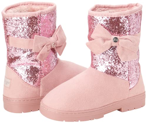 bebe Girls Winter Micro Suede Boots with Rhinestone Embellished Logo & Bow, Blush Glitter, Size 3 Little Kid