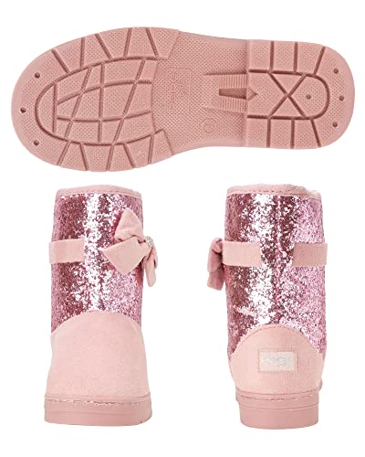 bebe Girls Winter Micro Suede Boots with Rhinestone Embellished Logo & Bow, Blush Glitter, Size 3 Little Kid