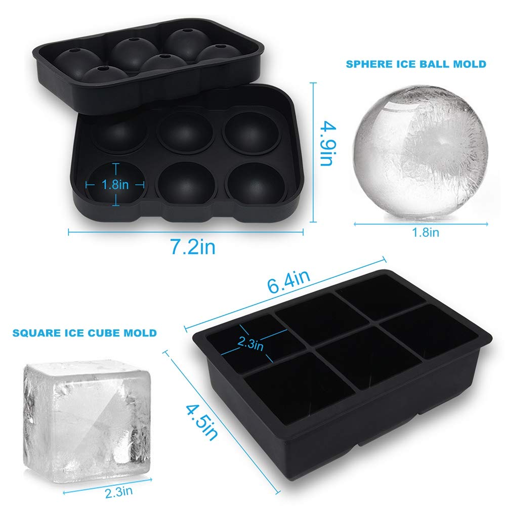 Helpcook Ice Cube trays(set of 2), Silicone Sphere Ice Ball Maker with Lid and Large Square Ice Cube Molds for Whiskey Ice and Cocktails, Food Grade Silicone, Reusable and BPA-Free