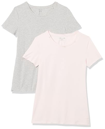Amazon Essentials Women's Classic-Fit Short-Sleeve Crewneck T-Shirt, Pack of 2, Light Grey Heather/Light Pink, Large