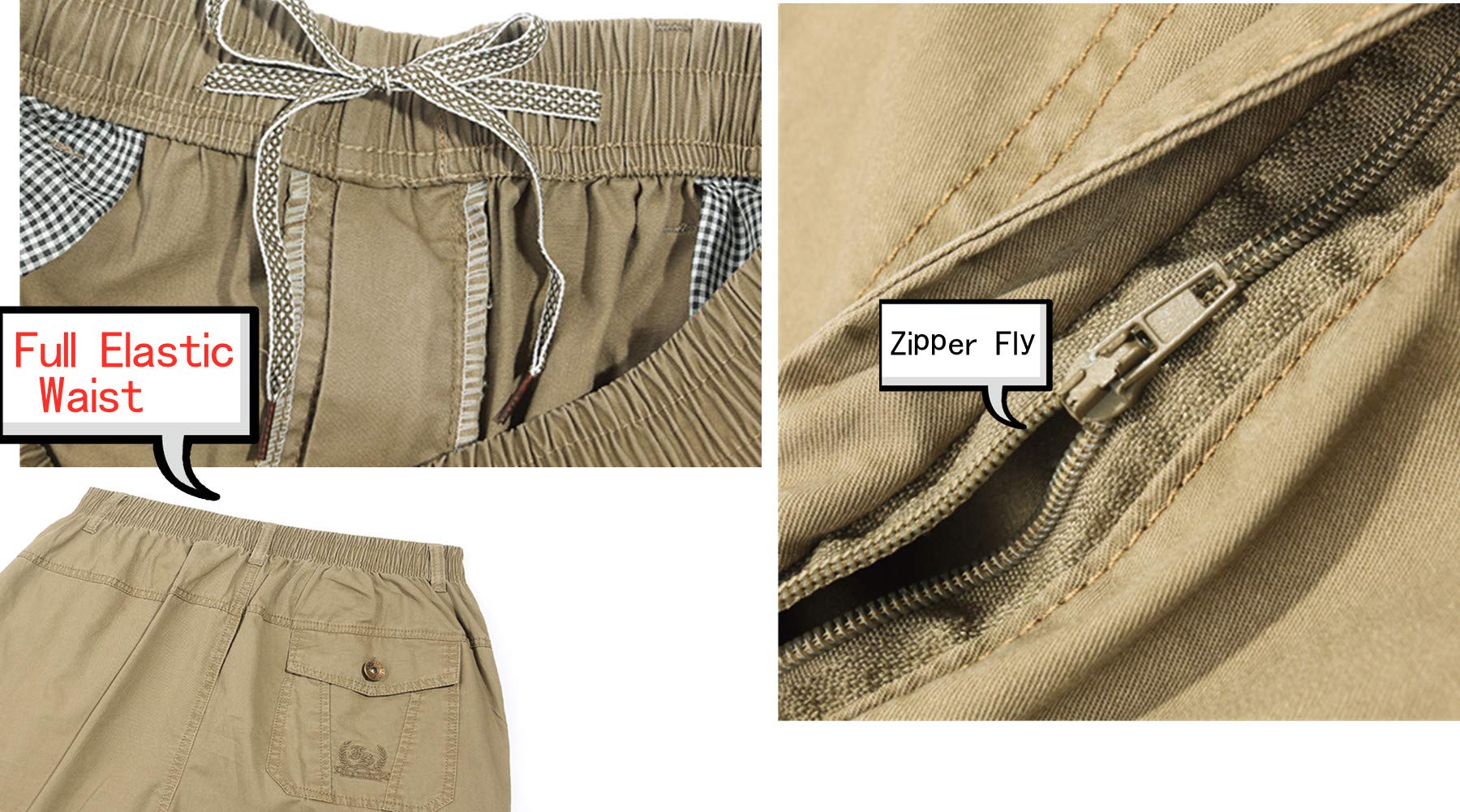 YangguTown Men's Cotton Lightweight Loose Fit Cargo Shorts Full Twill Elastic Waist Drawstring Shorts Khaki 36