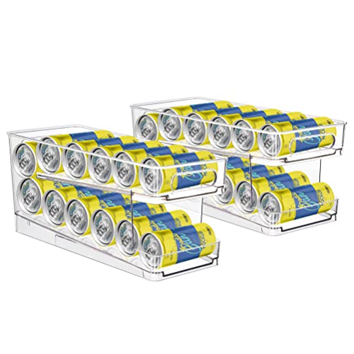 Mano Set of 2 Rolling Soda Can Organizer for Refrigerator, Clear Drink Dispenser for Pop Beer Soda Seltzer Beverage Can Holder, Plastic Fridge Organizer Bins Pantry Storage Rack