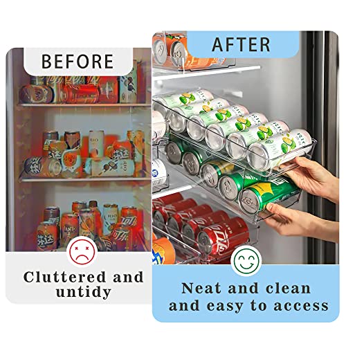 Mano Set of 2 Rolling Soda Can Organizer for Refrigerator, Clear Drink Dispenser for Pop Beer Soda Seltzer Beverage Can Holder, Plastic Fridge Organizer Bins Pantry Storage Rack