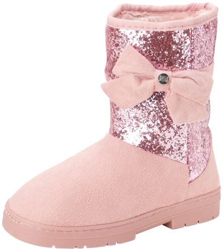 bebe Girls Winter Micro Suede Boots with Rhinestone Embellished Logo & Bow, Blush Glitter, Size 3 Little Kid