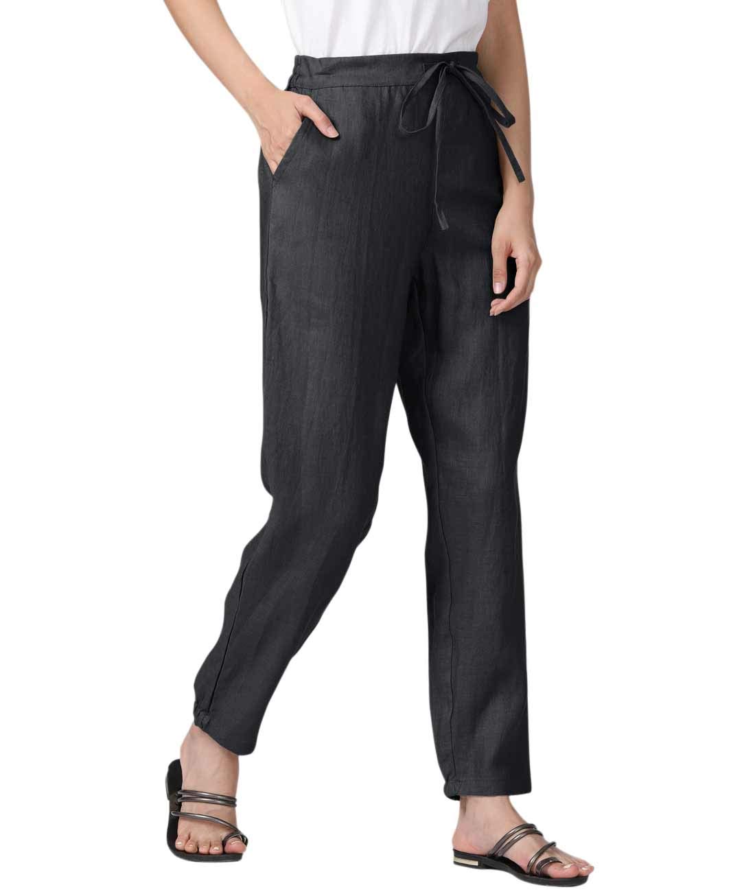 IXIMO Women's Tapered Pants 100% Linen Drawstring Back Elastic Waist Pants Trousers with Pockets Black L