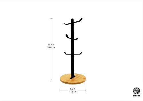 Countertop Mug Tree, 6 Mug Holder, Coffee & Tea Cup Storage Rack, Coffee Counter Bar Accessory & Kitchen Organizer- ShinYik Japanese Zakka Style with Bamboo Wood and Black Iron