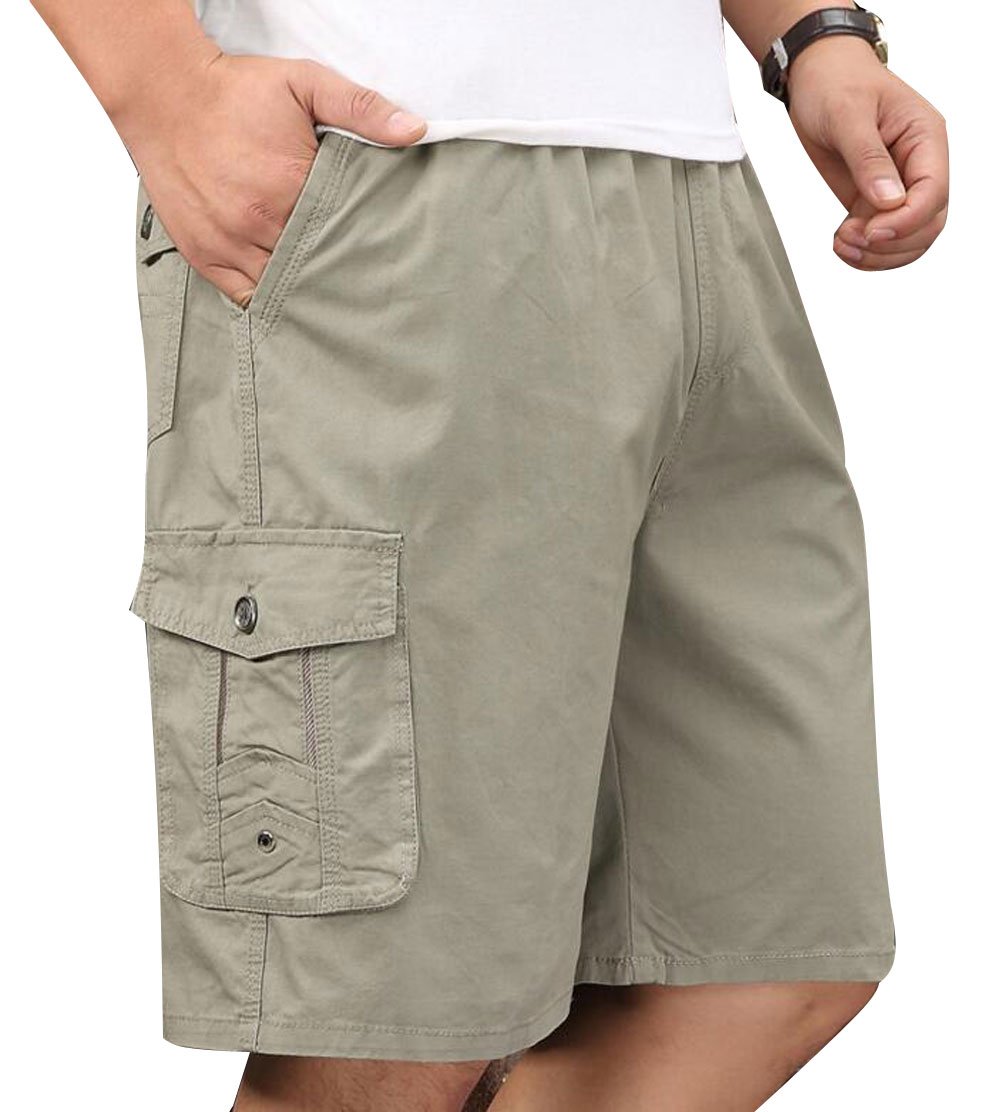 YangguTown Men's Cotton Lightweight Loose Fit Cargo Shorts Full Twill Elastic Waist Drawstring Shorts Khaki 36
