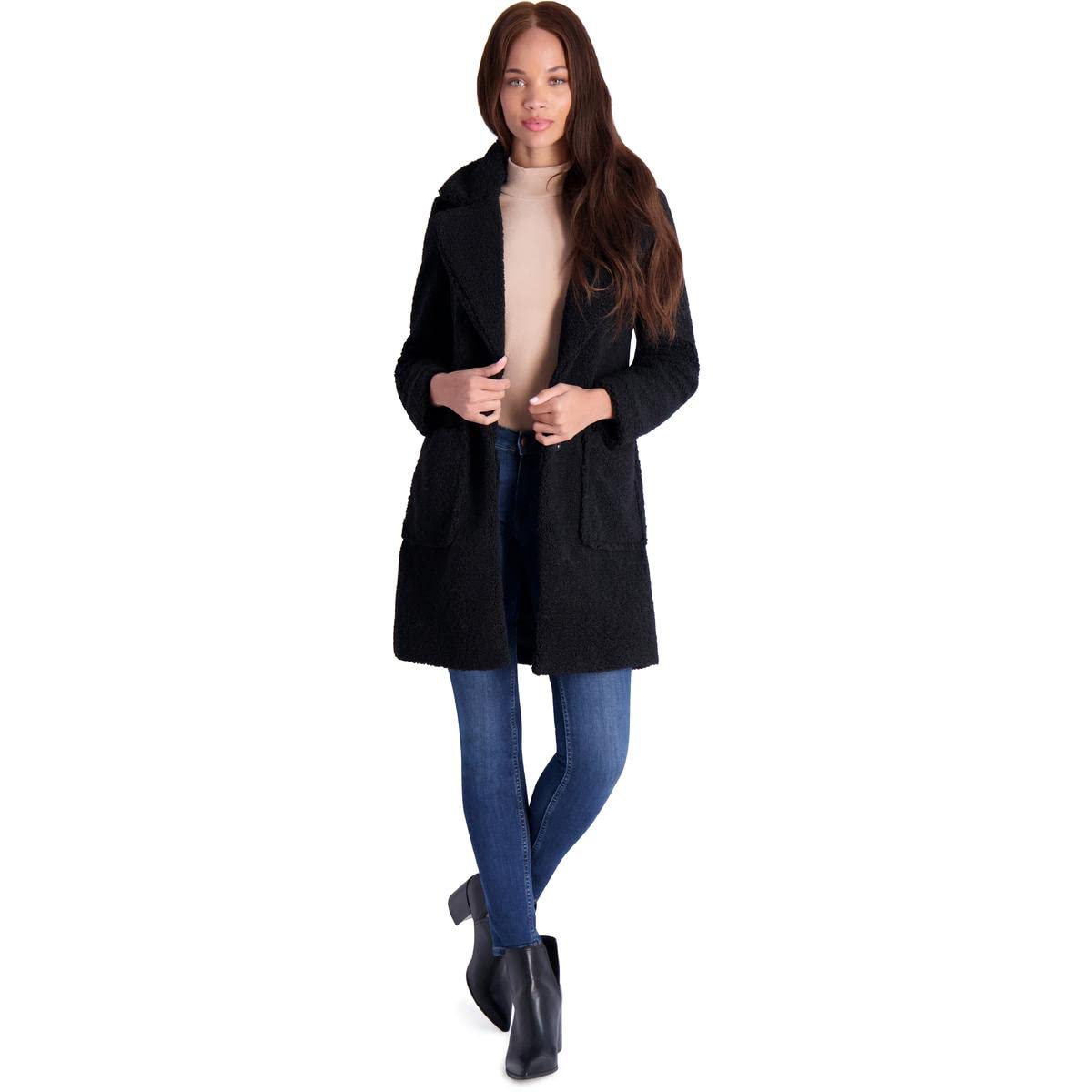 French Connection Womens Teddy Faux Shearling Faux Fur Coat Black XL