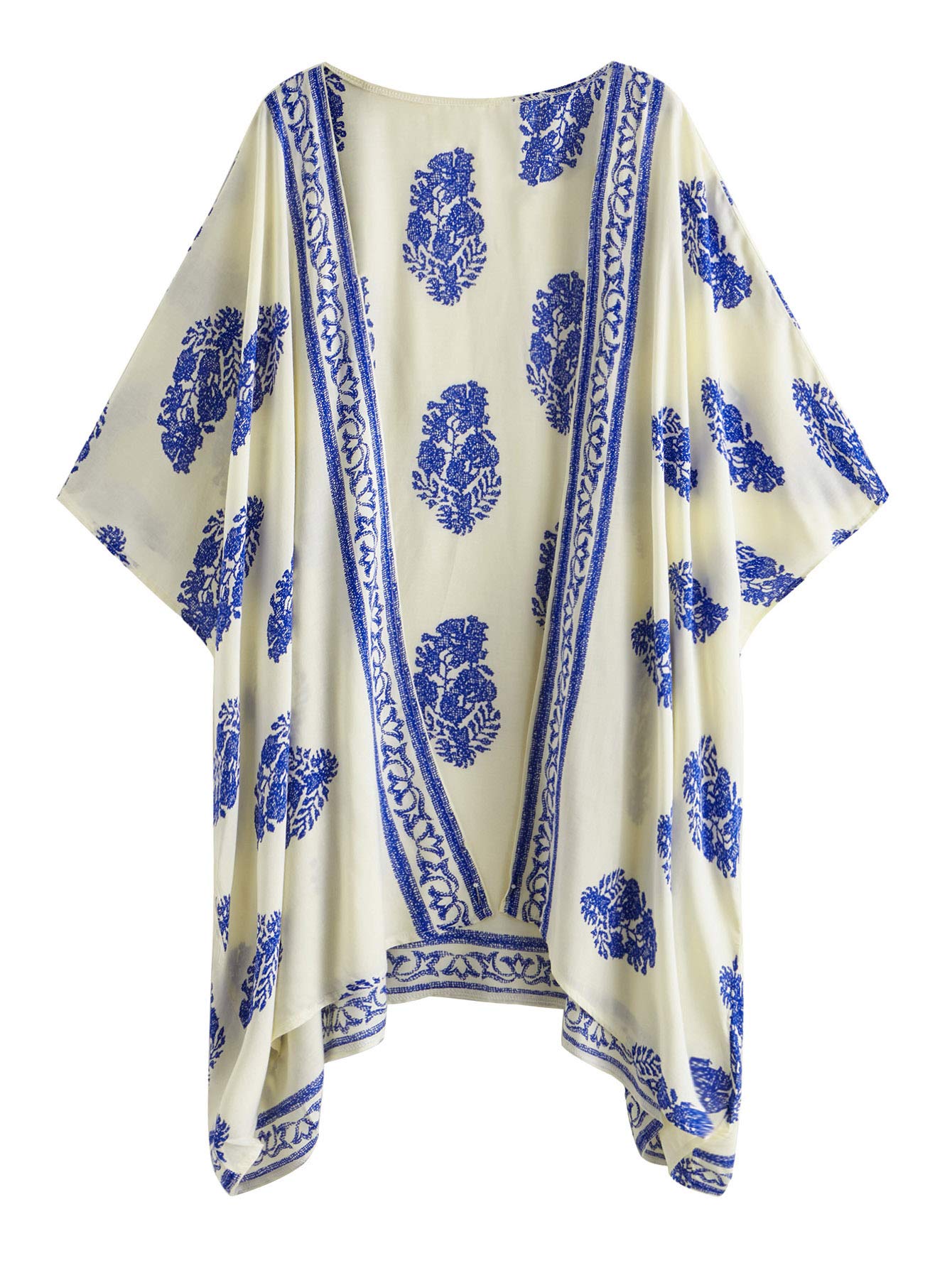 SweatyRocks Women Kimono Vintage Floral Beach Cover Up Blue White X-Large