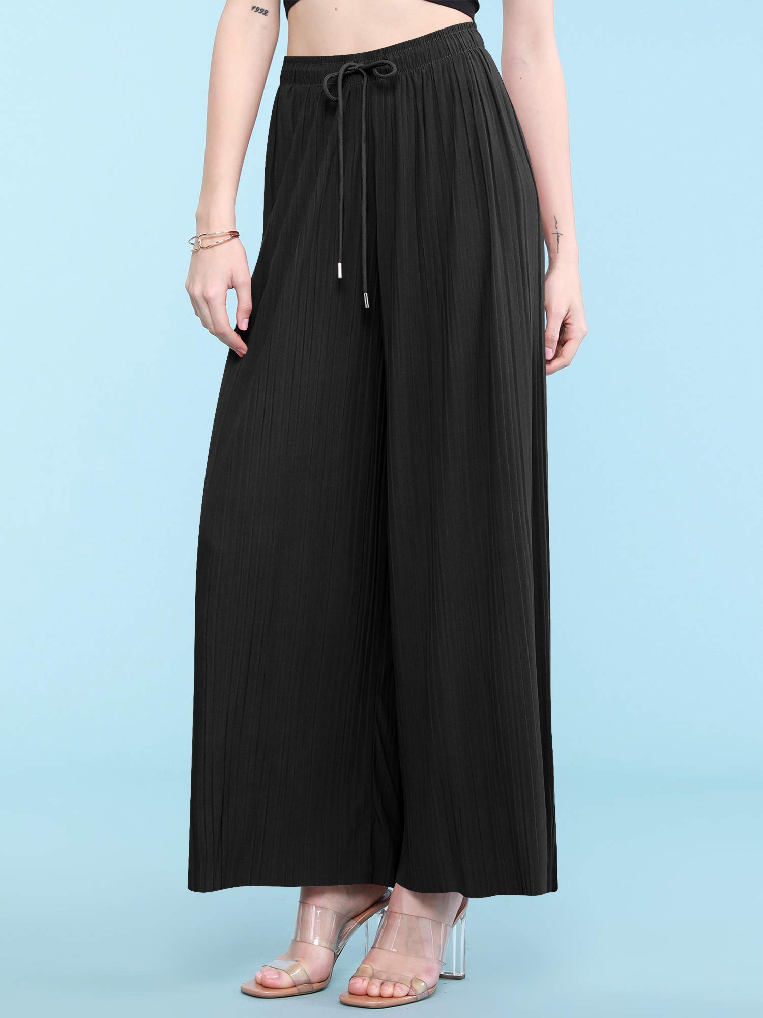 Made By Johnny MBJ WB1484 Womens Pleated Wide Leg Palazzo Pants with Drawstring OneSize Black