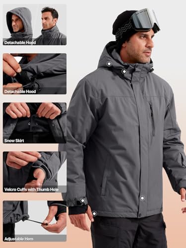 FREE SOLDIER Men's Waterproof Ski Snow Jacket Fleece Lined Warm Winter Rain Jacket with Hood Fully Taped Seams(Charcoal Gray,M)