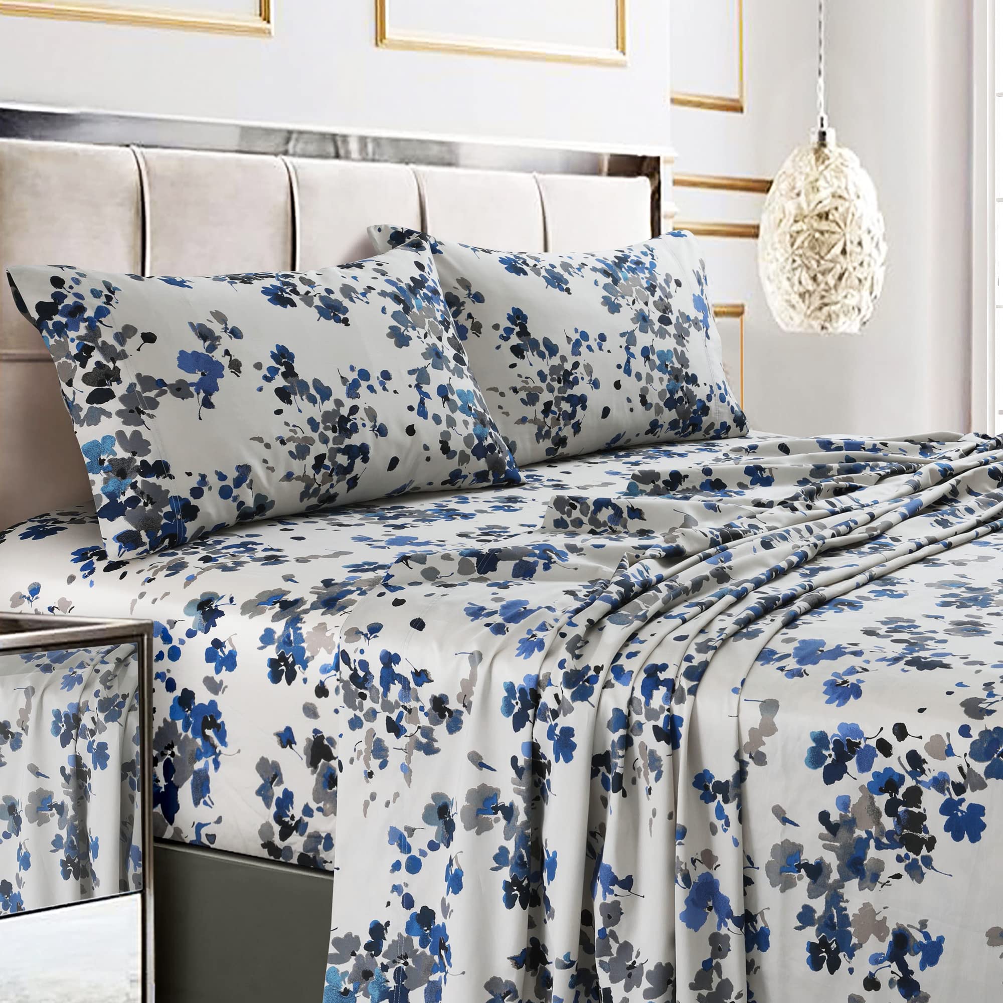 Tribeca Living Twin XL Bed Sheet Set, 300 Thread Count Soft Cotton Sateen, Floral Print with Extra Deep Pockets, 3-Piece Bedding Set, Lisbon Blue/Multicolor