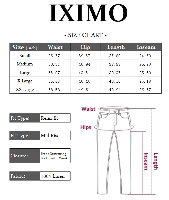 IXIMO Women's Tapered Pants 100% Linen Drawstring Back Elastic Waist Pants Trousers with Pockets Black L