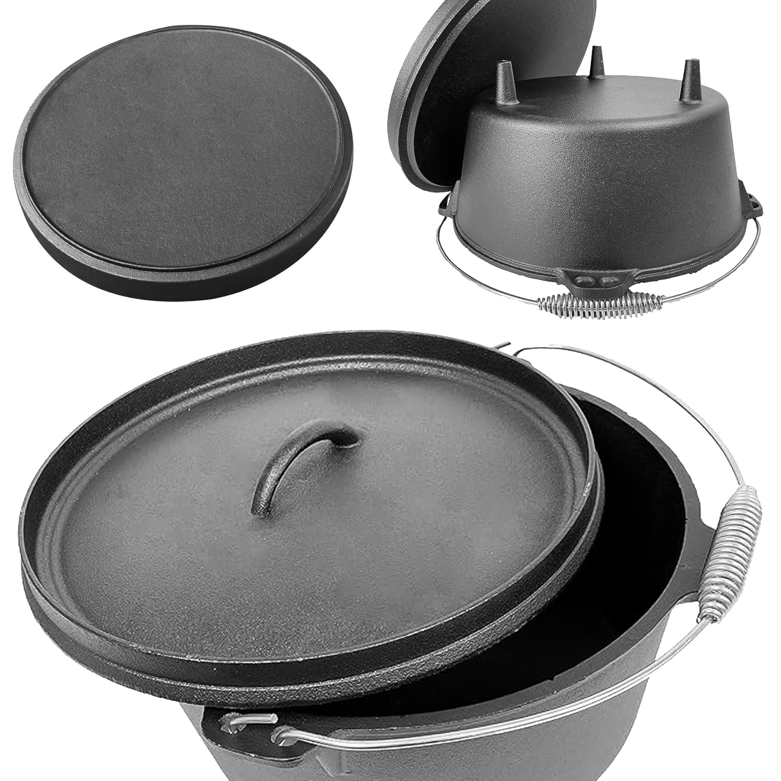 Cuisiland 9 Quart Cast Iron Dutch Oven with Lip Lid & 3 legs – Pre-Seasoned Camping Pot for Outdoor Cooking, Roasting, and Baking – Heavy-Duty Campfire Cookware with Even Heat Distribution
