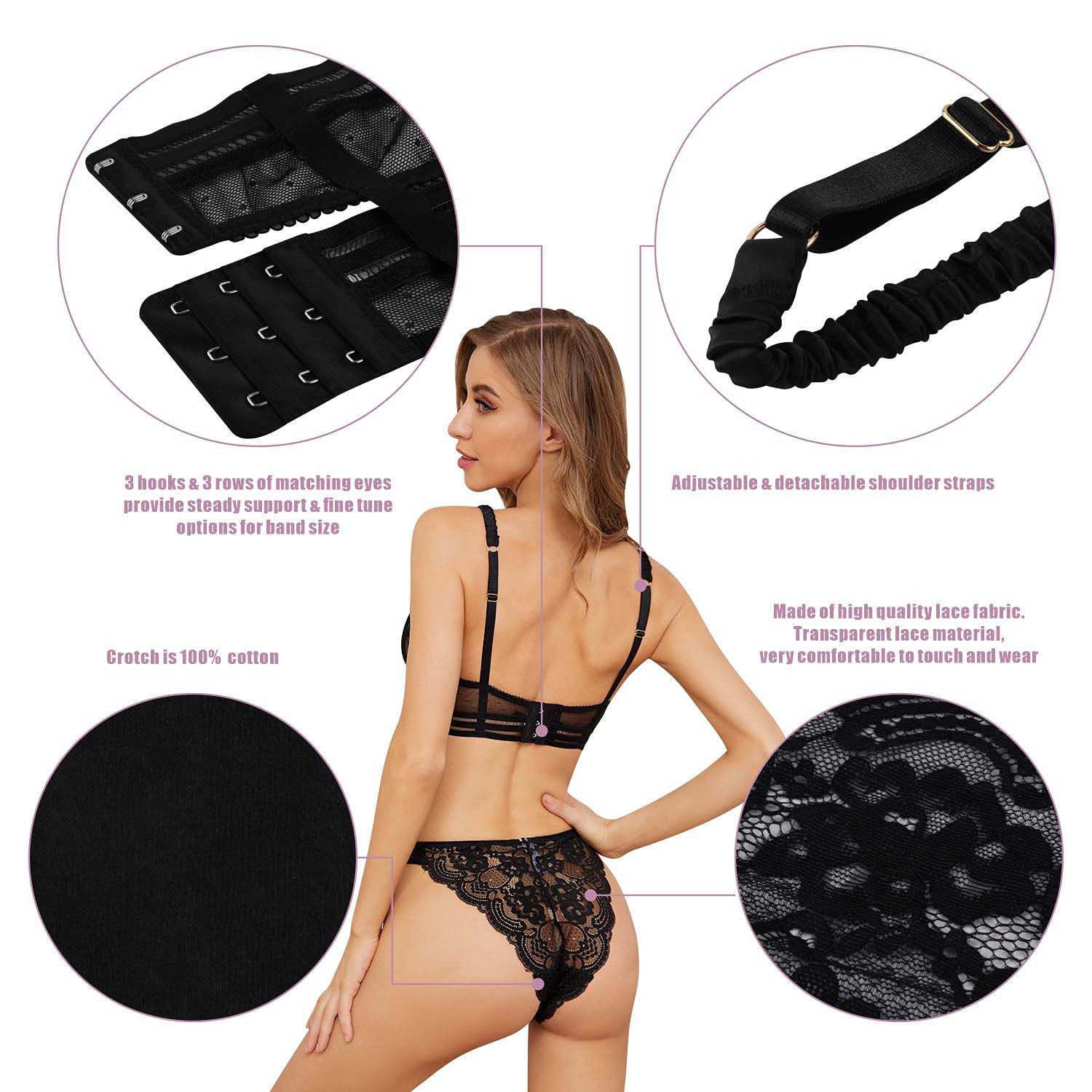 Guoeappa Women's Sexy Soft Lace Lingerie Set See Through Underwear Floral Lace Underwire Sheer Bra and Panty Set (Black,36B)