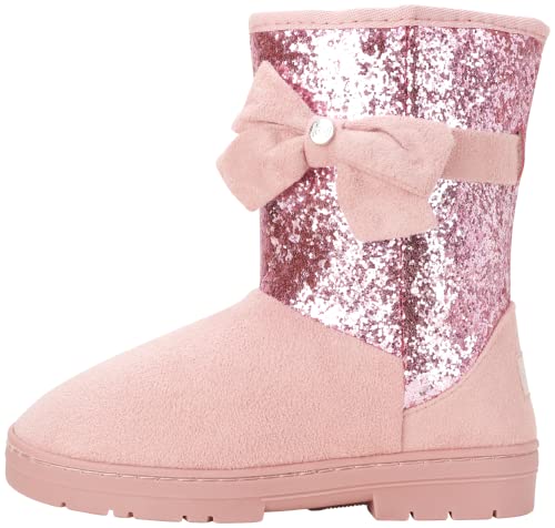 bebe Girls Winter Micro Suede Boots with Rhinestone Embellished Logo & Bow, Blush Glitter, Size 2 Little Kid