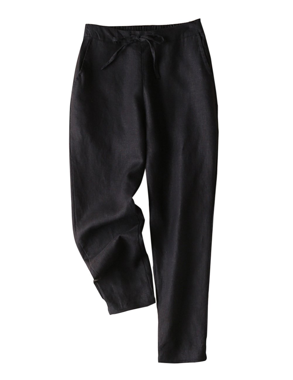 IXIMO Women's Tapered Pants 100% Linen Drawstring Back Elastic Waist Pants Trousers with Pockets Black L