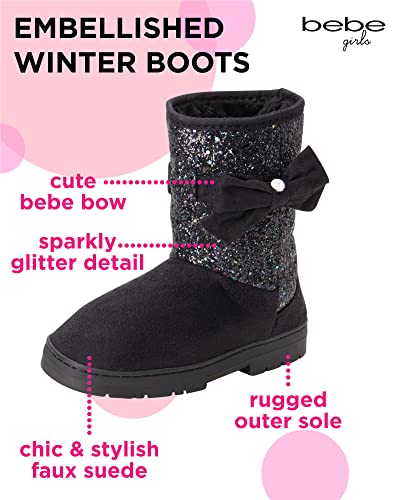 bebe Girls Winter Micro Suede Boots with Rhinestone Embellished Logo & Bow, Black Glitter, Size 2 Little Kid
