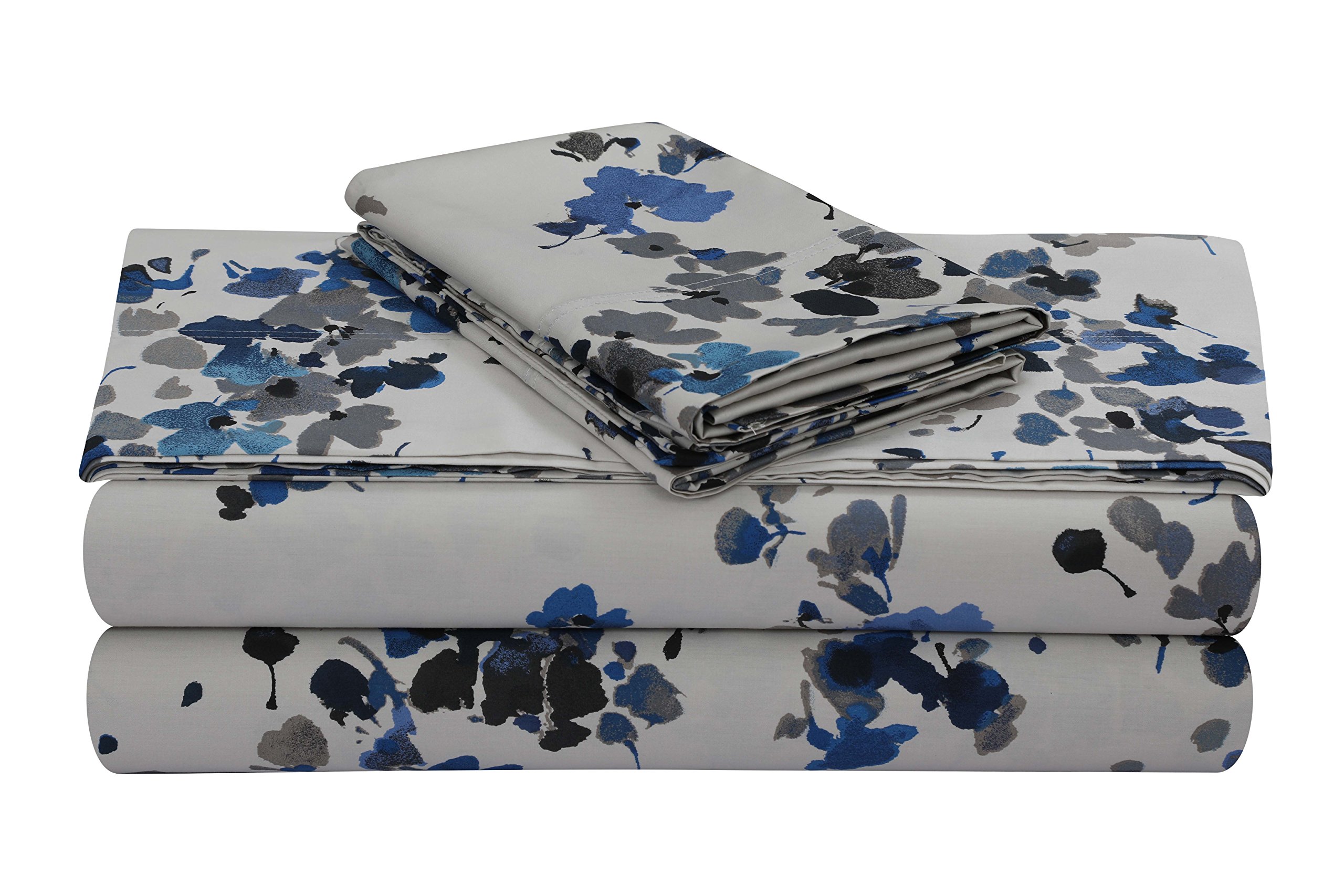 Tribeca Living Twin XL Bed Sheet Set, 300 Thread Count Soft Cotton Sateen, Floral Print with Extra Deep Pockets, 3-Piece Bedding Set, Lisbon Blue/Multicolor