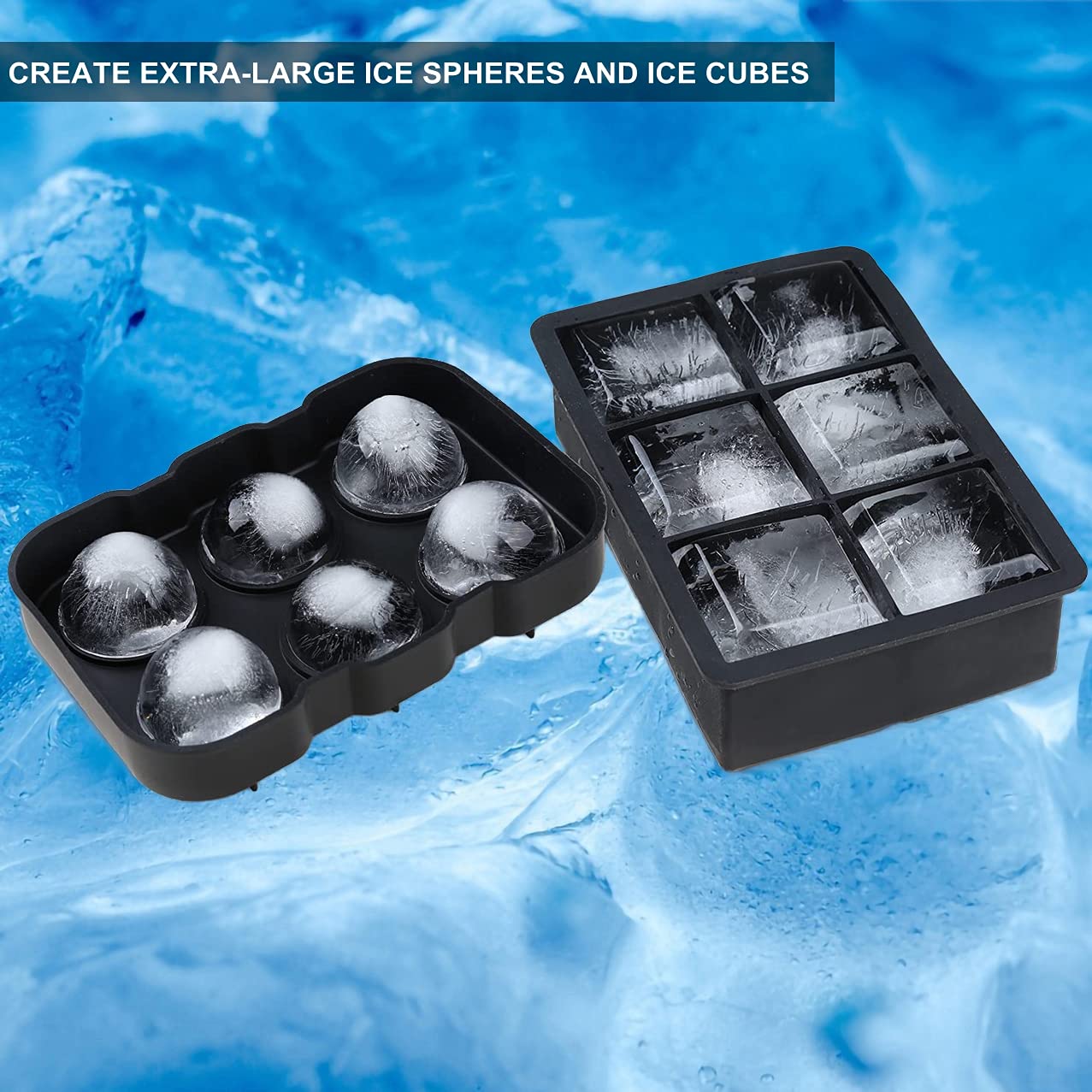 Helpcook Ice Cube trays(set of 2), Silicone Sphere Ice Ball Maker with Lid and Large Square Ice Cube Molds for Whiskey Ice and Cocktails, Food Grade Silicone, Reusable and BPA-Free
