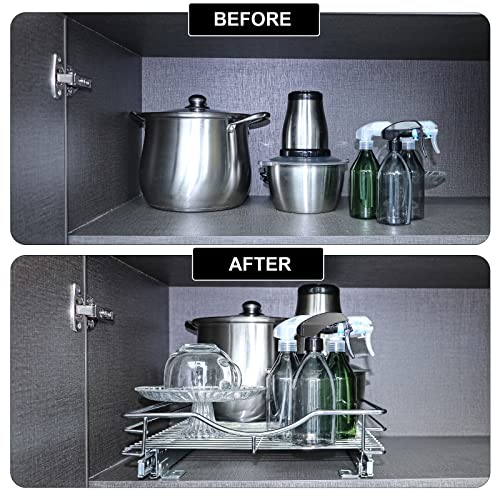 SITE Pull Out Cabinet Organizer 14" W x 21" D Heavy Duty Under Kitchen Cabinet Sliding Shelf,Requires At Least 15β Cabinet Opening, Chrome Finish