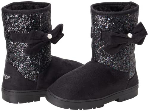 bebe Girls Winter Micro Suede Boots with Rhinestone Embellished Logo & Bow, Black Glitter, Size 2 Little Kid