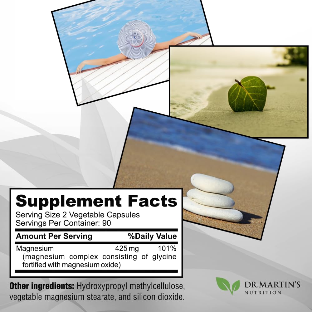 Premium Magnesium Glycinate 425mg - 180 Vegan Capsules - Helps with Stress Relief, Sleep, Muscle Cramps & Healthy Heart |