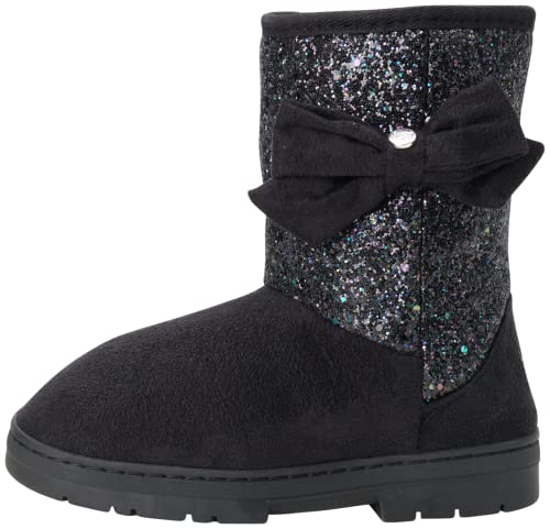 bebe Girls Winter Micro Suede Boots with Rhinestone Embellished Logo & Bow, Black Glitter, Size 2 Little Kid