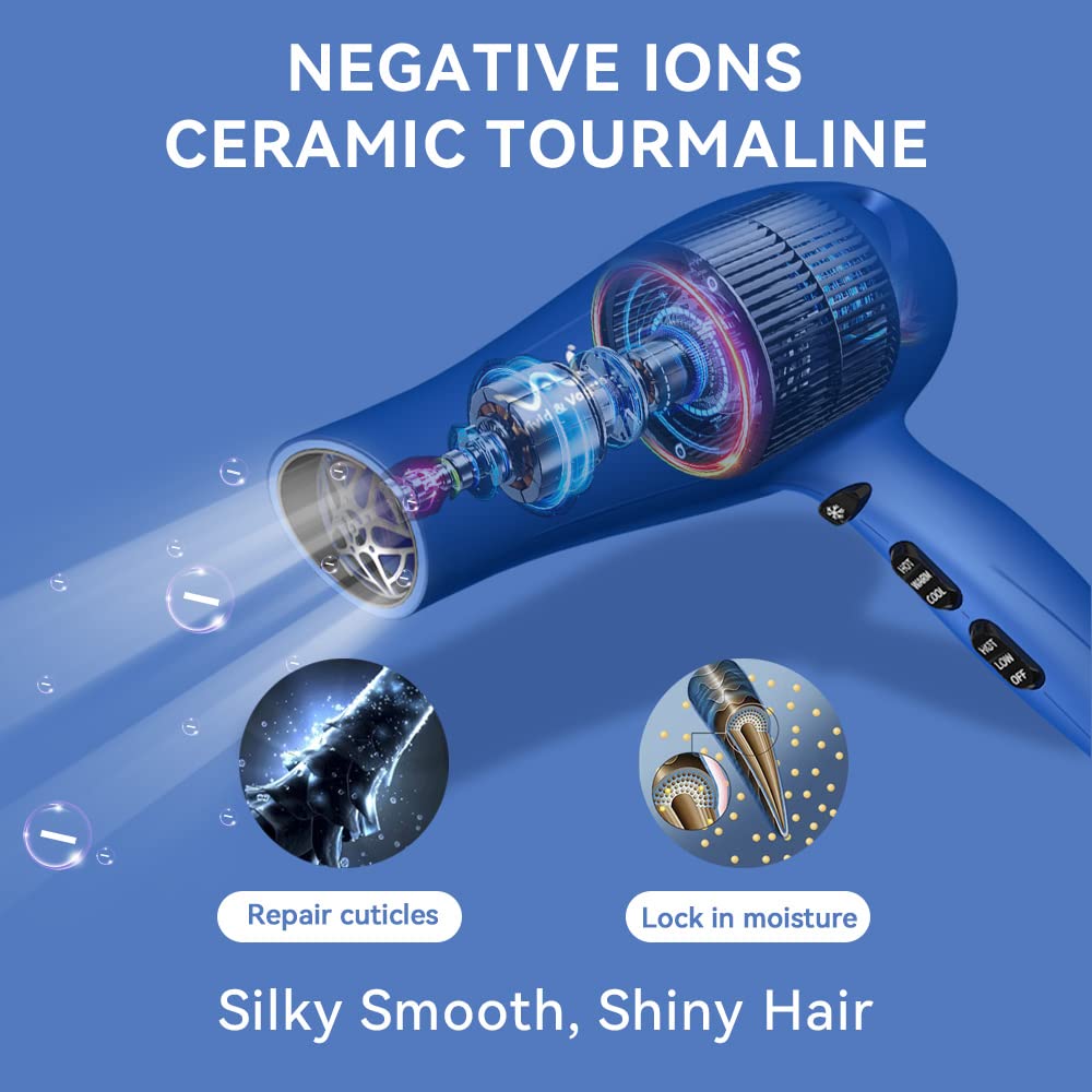 Negative Ionic Hair Dryer Ceramic Blow Dryer 1875W Powerful Professional Hair Dryers 2 Speed and 3 Heat Settings with Concentrator, Blue