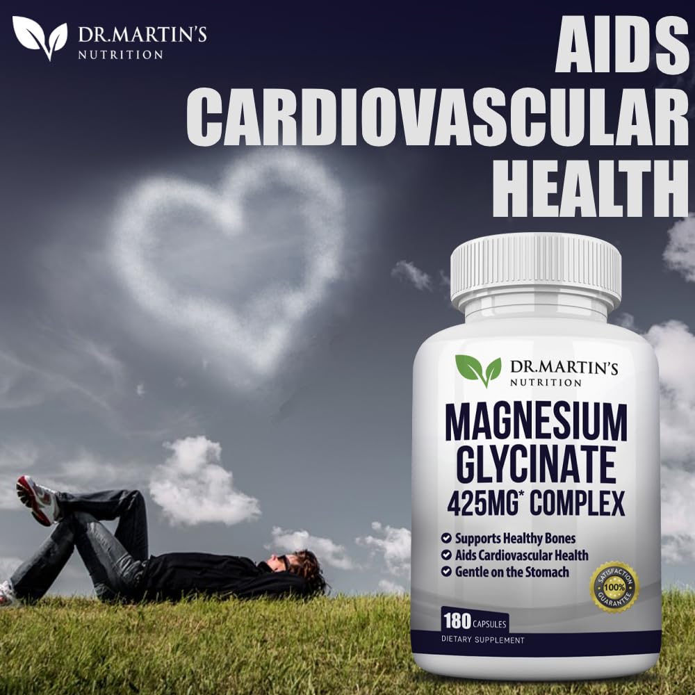 Premium Magnesium Glycinate 425mg - 180 Vegan Capsules - Helps with Stress Relief, Sleep, Muscle Cramps & Healthy Heart |