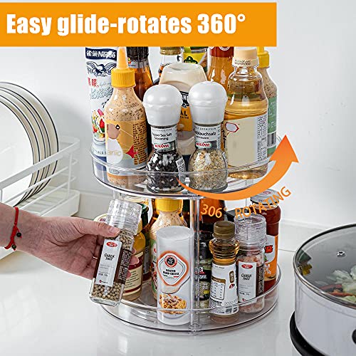 Eeci Lazy Susan Turntable 2-Tier Spice Rack Spinning Cabinet Organizer Rotating Condiment Tray Spinner for Pantry Kitchen Vanity Bathroom Jewelry Container Makeup Holder Cosmetic Storage 9Inch Clear