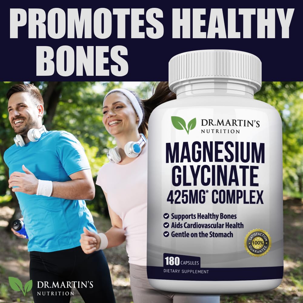 Premium Magnesium Glycinate 425mg - 180 Vegan Capsules - Helps with Stress Relief, Sleep, Muscle Cramps & Healthy Heart |