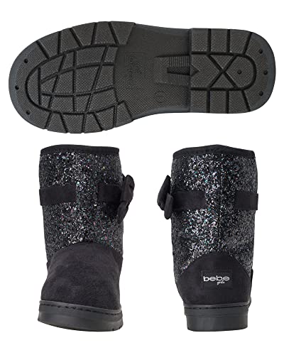 bebe Girls Winter Micro Suede Boots with Rhinestone Embellished Logo & Bow, Black Glitter, Size 2 Little Kid