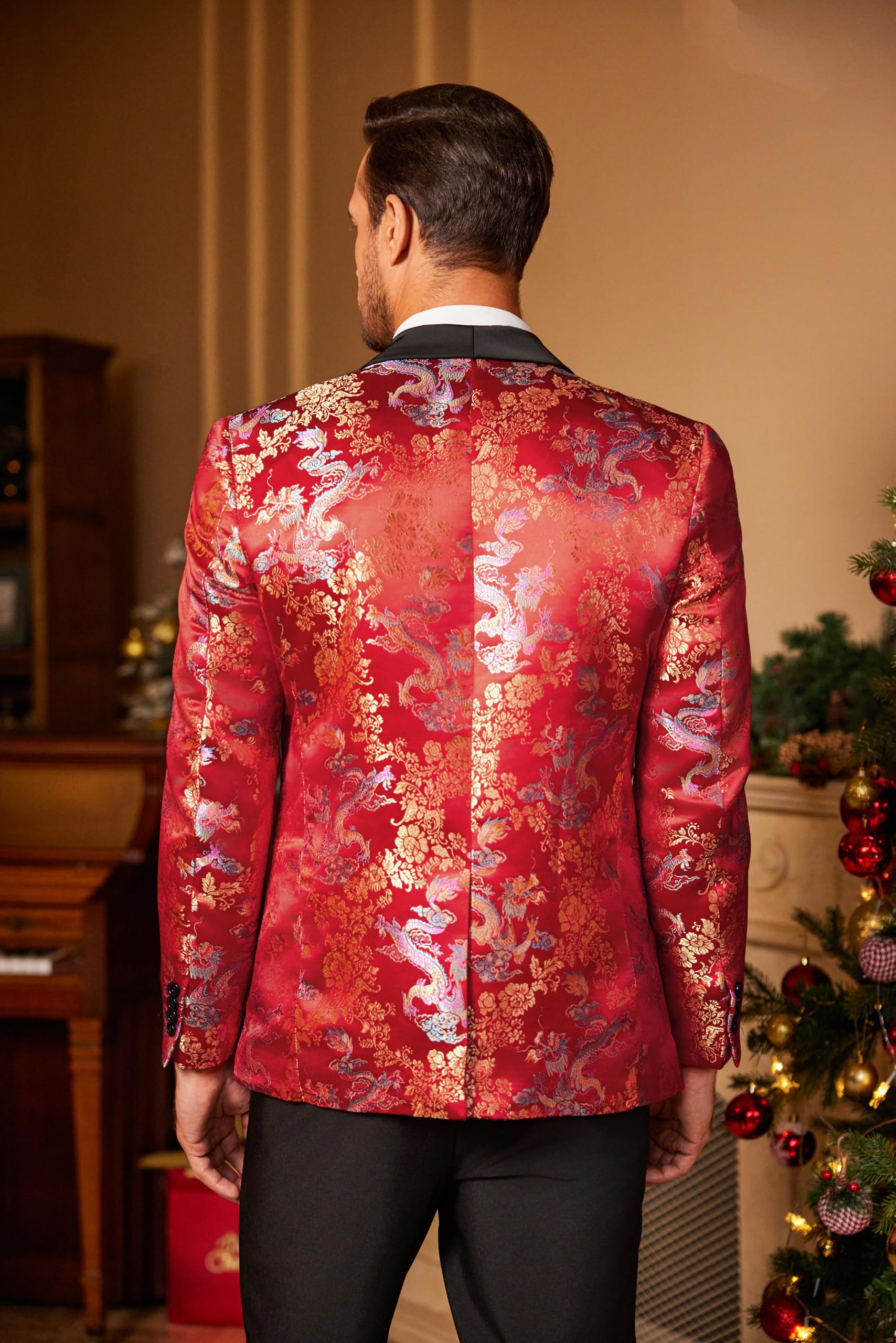 Coofandy Men's Stylish Dragon Floral Suits Fashion Slim Fit One-Button Blazer Jacket, Red, XX-Large