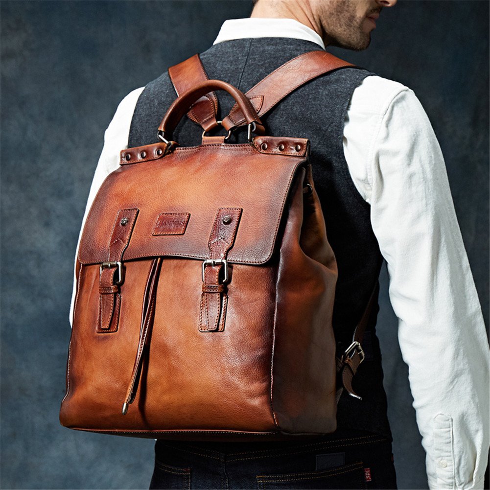Denny&Dora Genuine Leather Backpack Vintage Laptop Bag Luxury Bookbag MensCasual Travel Daypack Large Capacity (Brown)