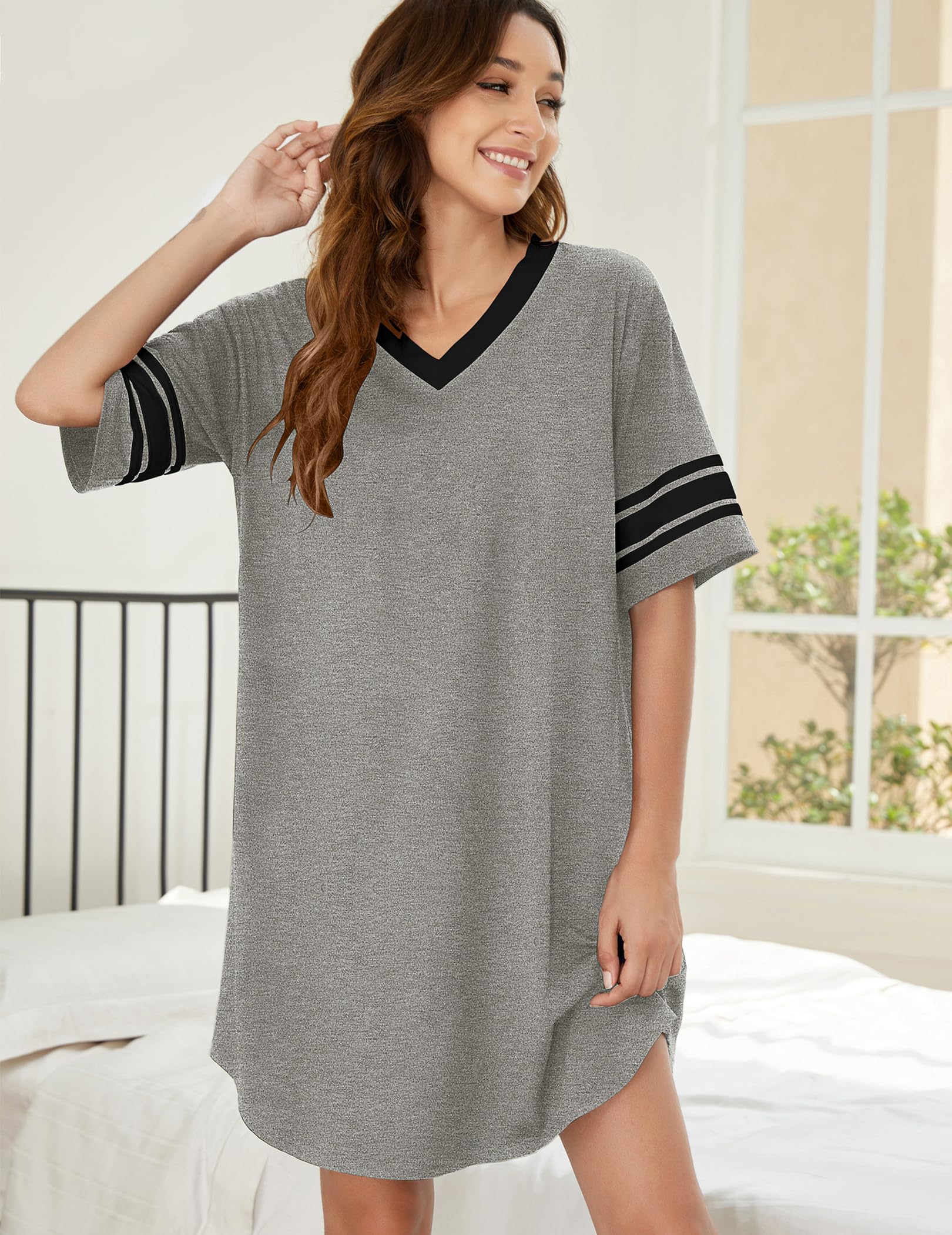 Ekouaer Womens Nightgown Cotton Sleep Shirt V Neck Short Sleeve Loose Comfy Pajama Sleepwear,A grey,XX-Large