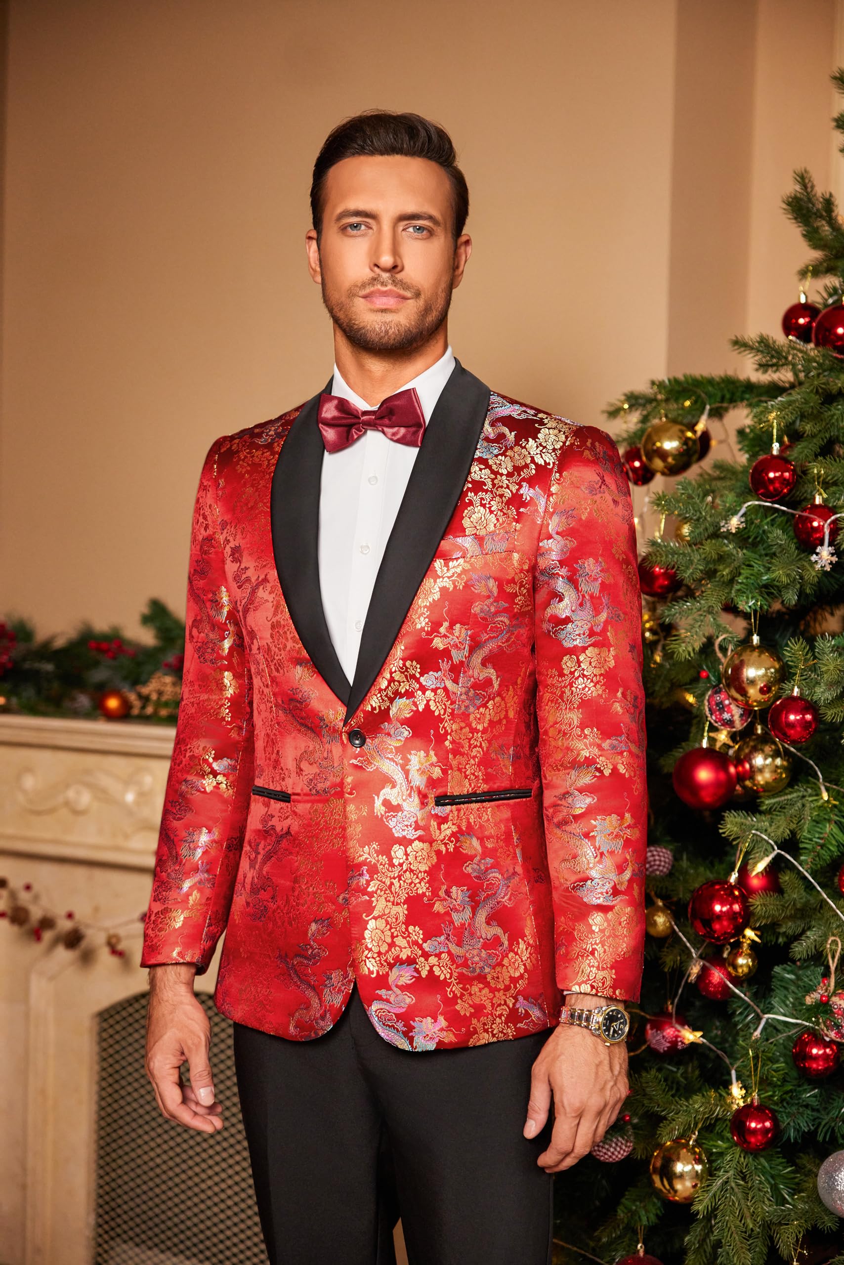 Coofandy Men's Stylish Dragon Floral Suits Fashion Slim Fit One-Button Blazer Jacket, Red, XX-Large