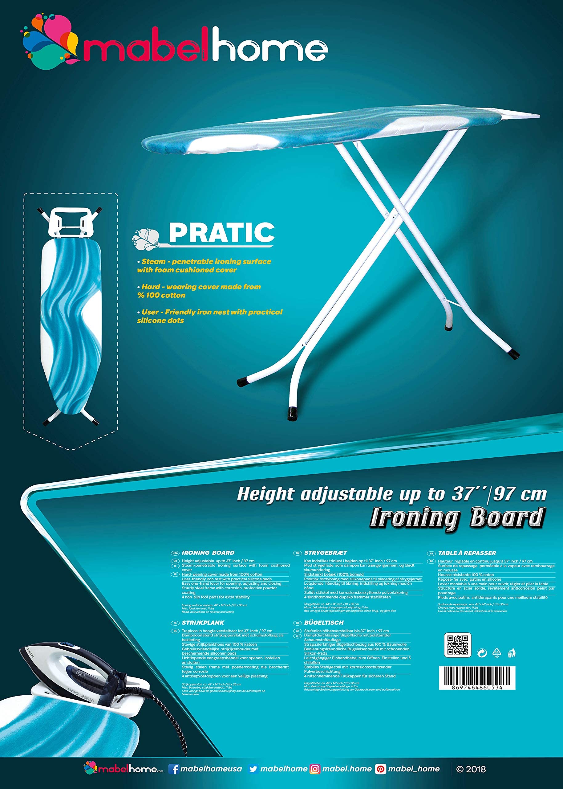 Mabel Home Ironing Board Made in Europe, Adjustable Height, Deluxe, 4-Leg, + Extra Cover, Easy Storage,3 Different Model & Sizes, Deluxe 44" x 14"