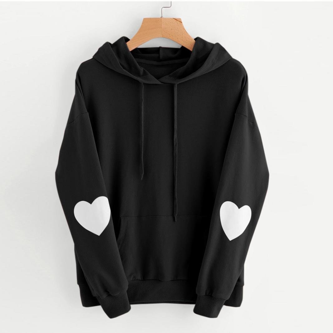 IEason,Womens Long Sleeve Heart Hoodie Sweatshirt Jumper Hooded Pullover Tops Blouse (XL, Black)