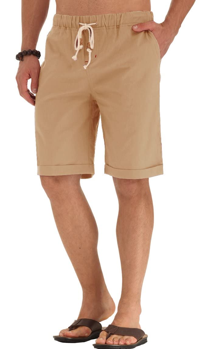 NITAGUT Men's Linen Casual Classic Fit Short Drawstring Summer Beach Shorts (S (US 32-34), 02Khaki)