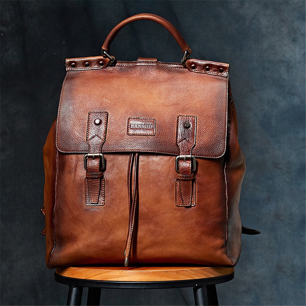 Denny&Dora Genuine Leather Backpack Vintage Laptop Bag Luxury Bookbag MensCasual Travel Daypack Large Capacity (Brown)