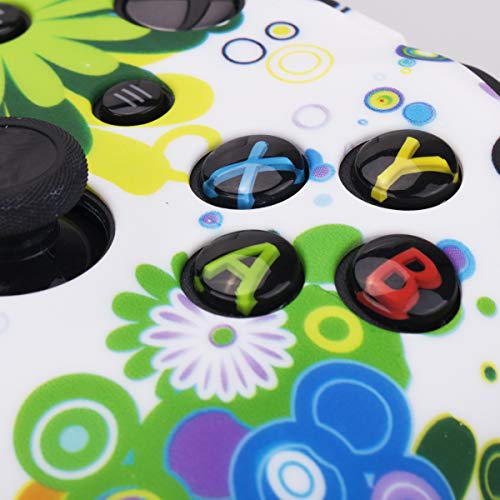 YoRHa Printing Rubber Silicone Cover Skin Case for Xbox One S/X Controller x 1(Circle) with PRO Thumb Grips x 8