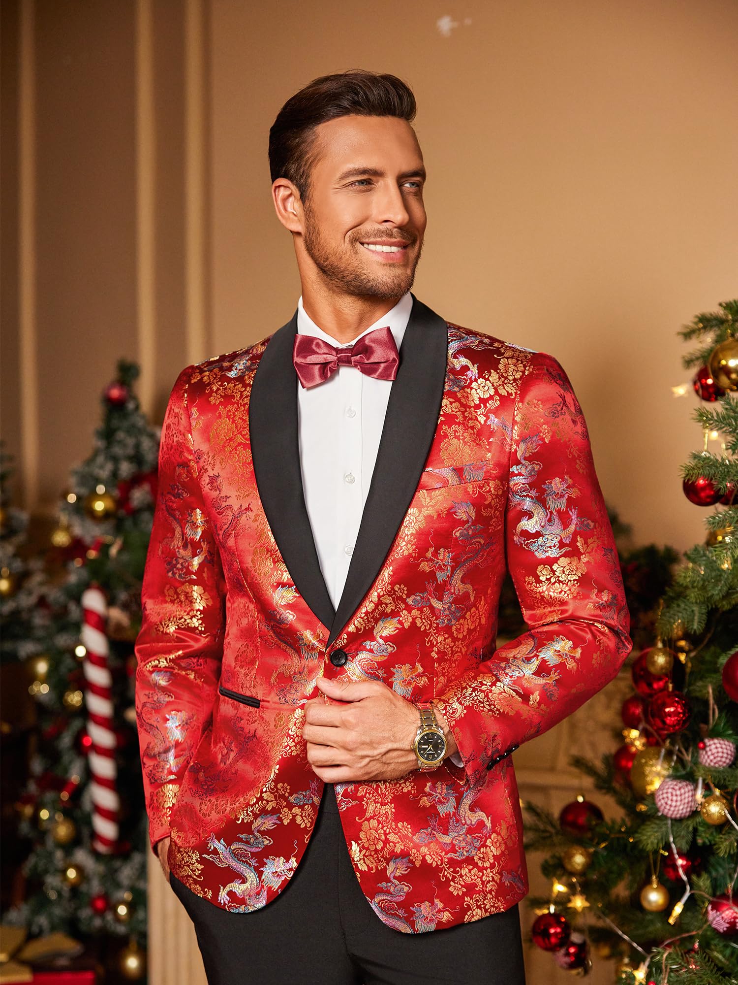 Coofandy Men's Stylish Dragon Floral Suits Fashion Slim Fit One-Button Blazer Jacket, Red, XX-Large