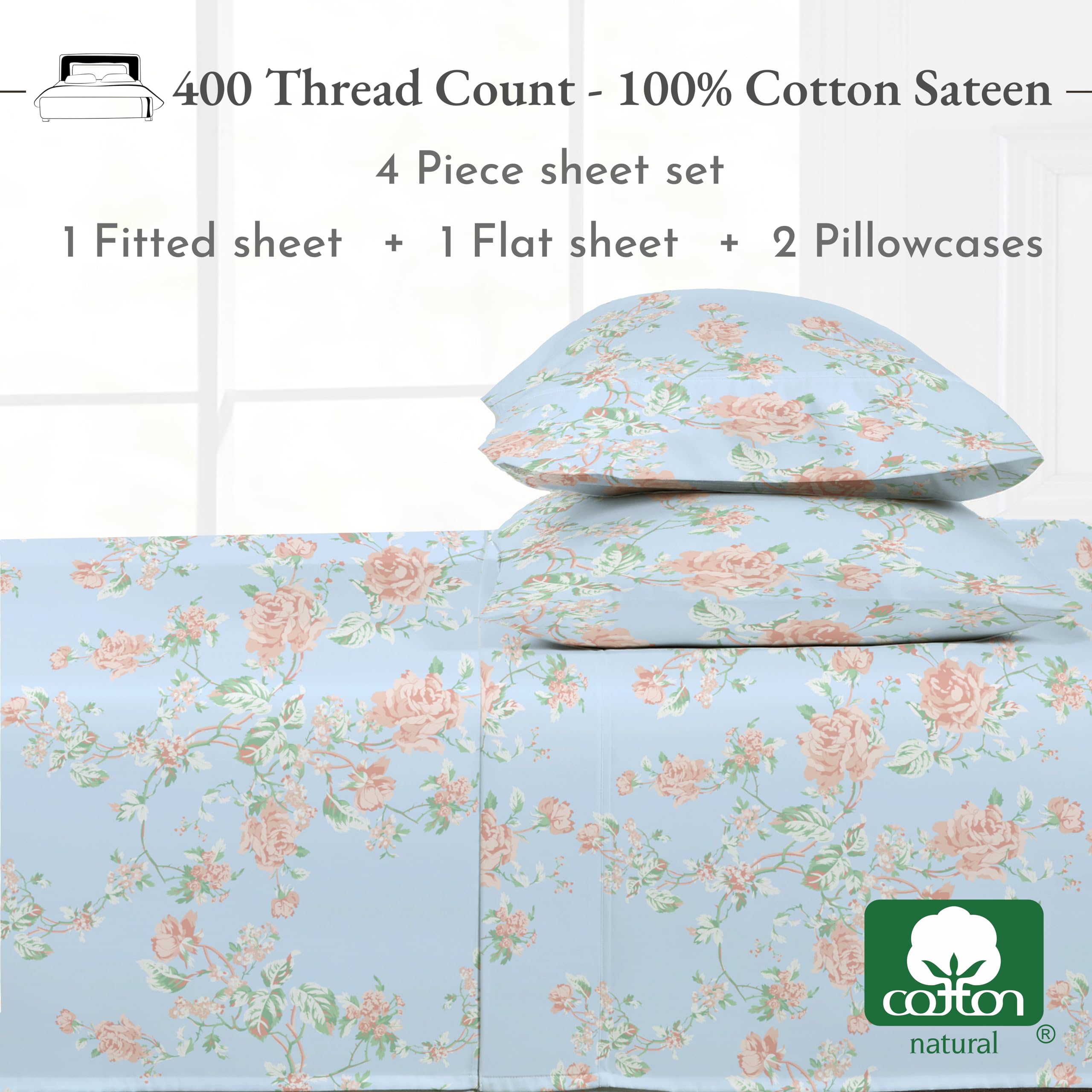 California Design Den Full Size Bed Sheets Set - 400 Thread Count Sateen, Natural 100% Cotton Sheets for Full Size Bed, Deep Pocket Cooling and Durable Bedding Set - Antique Rose