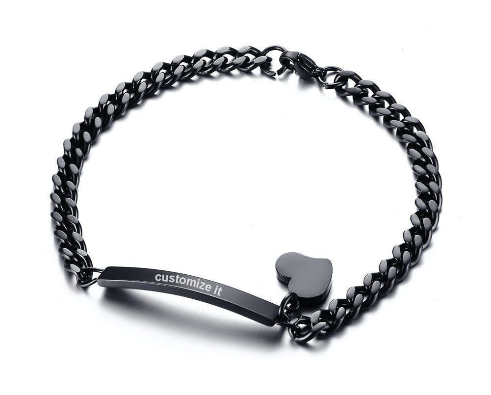PJ JEWELRY Free Engraving-Stainless Steel Thin ID Tag Chain Bracelets with Small Heart Charm for Women,7.8",Black